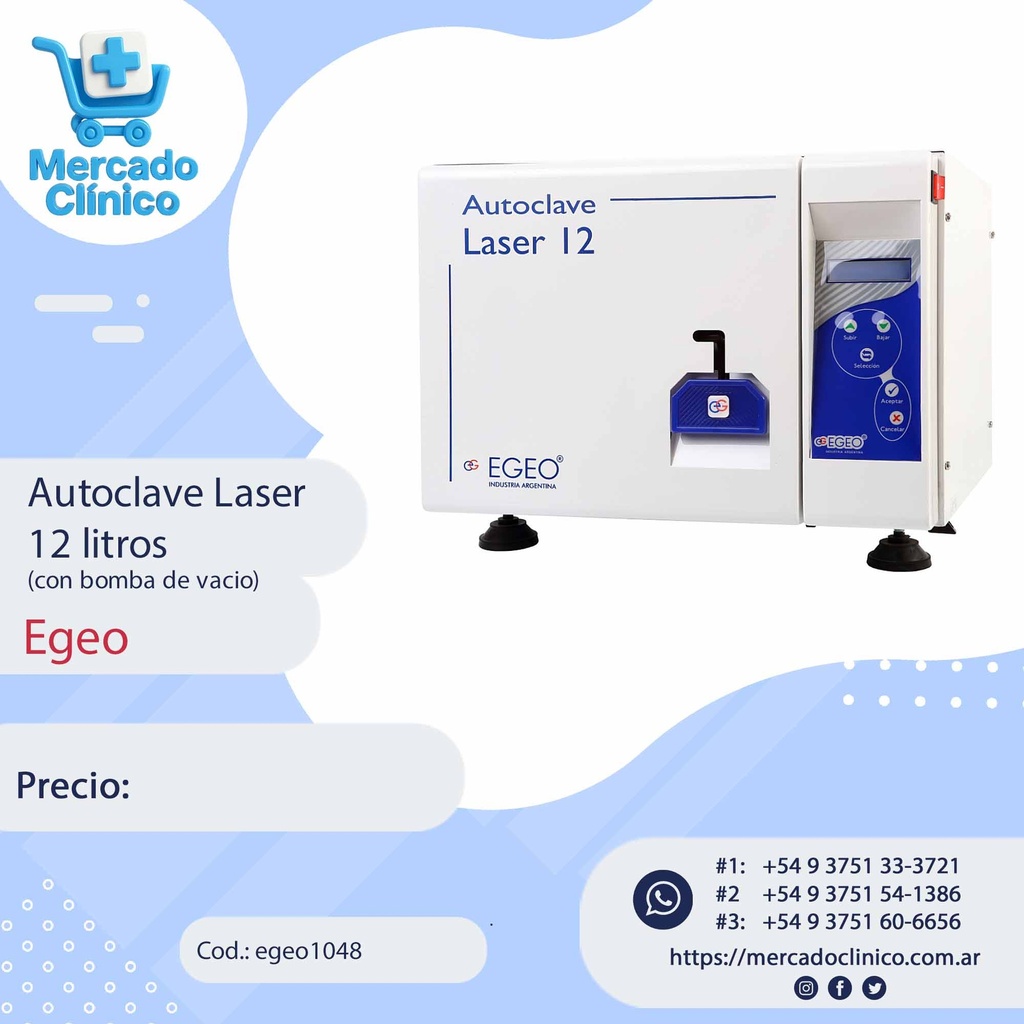 Autoclave Laser 12 litros -con bomba de vacio - Egeo | Mercado Clinico AR